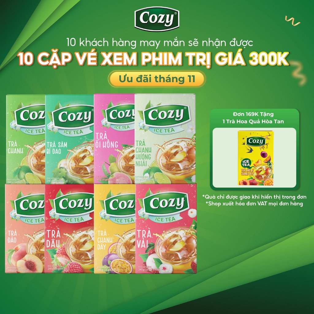 Trà Cozy Trà Đen Hòa Tan Các Vị Trái Cây Trà Đào, Gừng, Chanh, Vải, Dâu ...